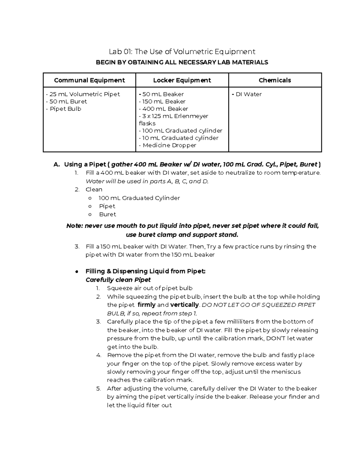 CHEM 200 Pre Lab - Lab 01: The Use of Volumetric Equipment BEGIN BY ...