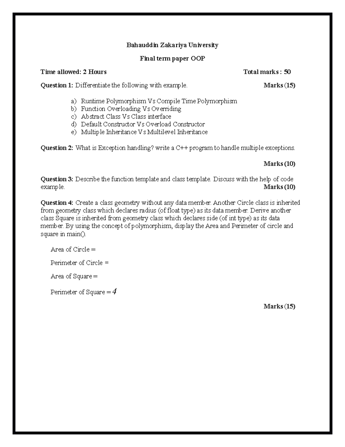 OOP Final - A practical task for students - Bahauddin Zakariya ...