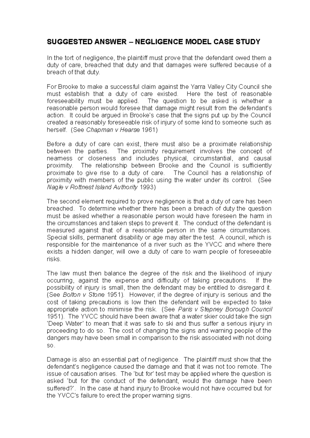 Neglingence Case Study Sample Answer - SUGGESTED ANSWER – NEGLIGENCE ...