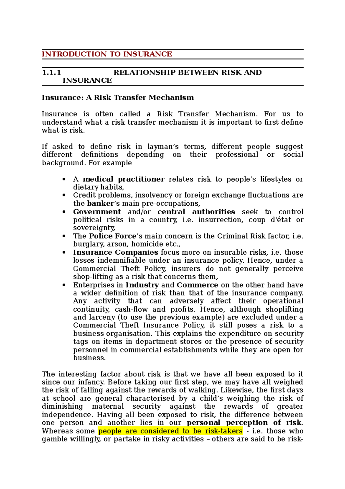 Insurance notes - market and principles - INTRODUCTION TO INSURANCE 1.1 ...