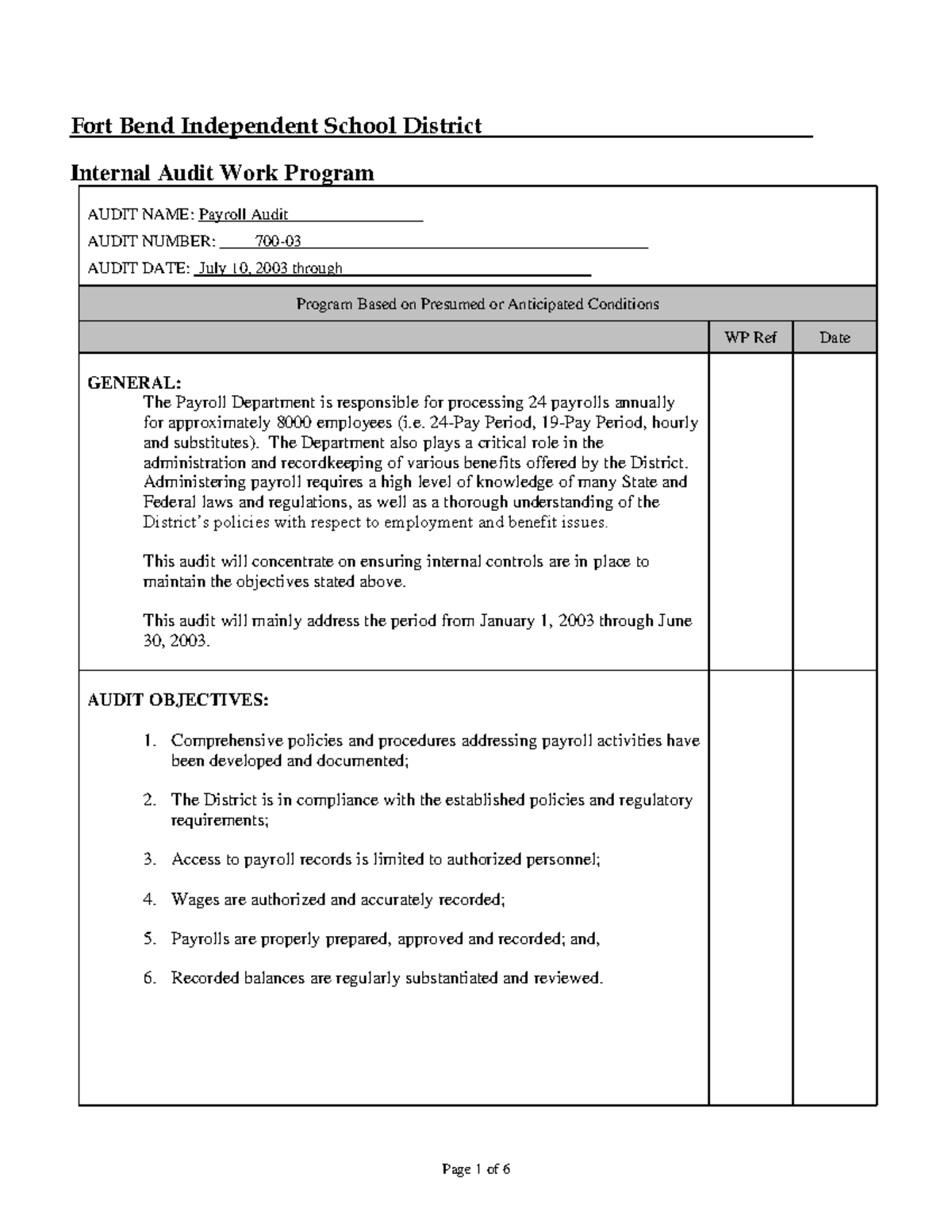 Internal Program - Internal Audit Work Program AUDIT NAME: Payroll ...