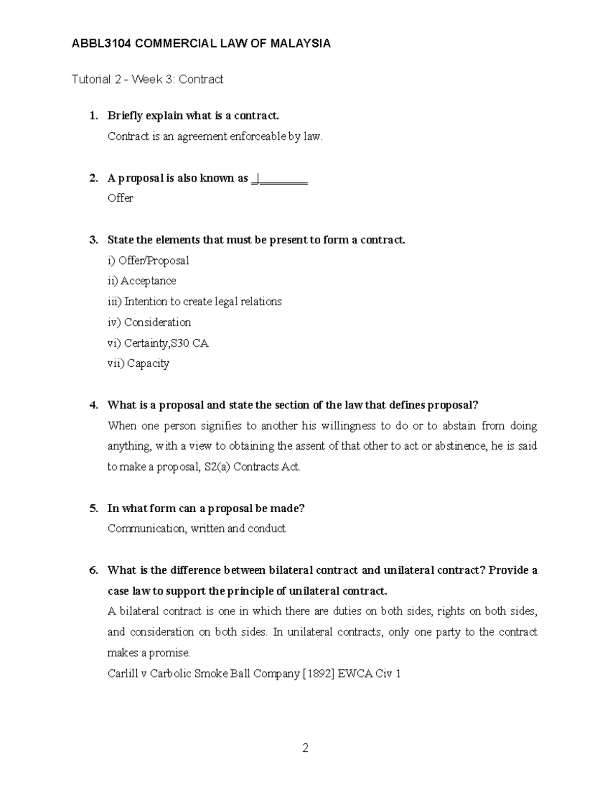 Tutorial 2 Contract Law Sample Question and Answer - ABBL3104 ...