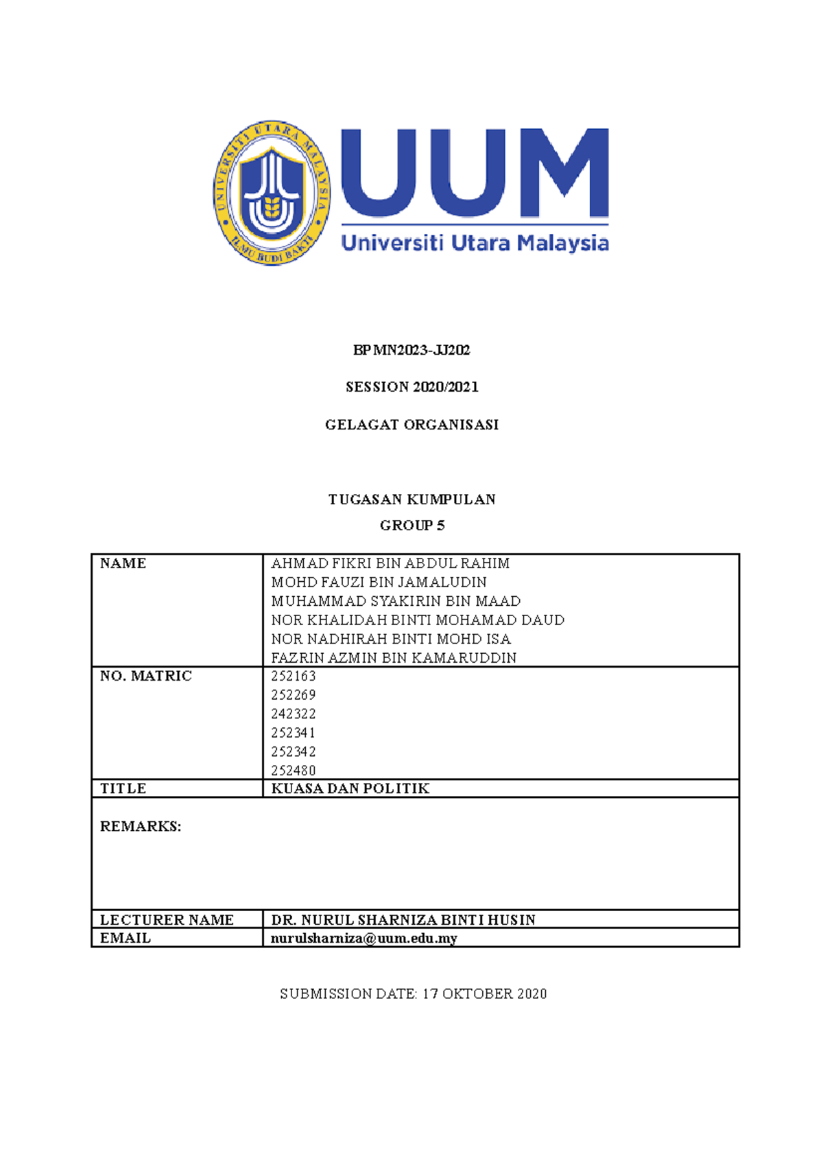 Cover PAGE - ras - BPMN2023-JJ SESSION 2020/ GELAGAT ORGANISASI TUGASAN ...
