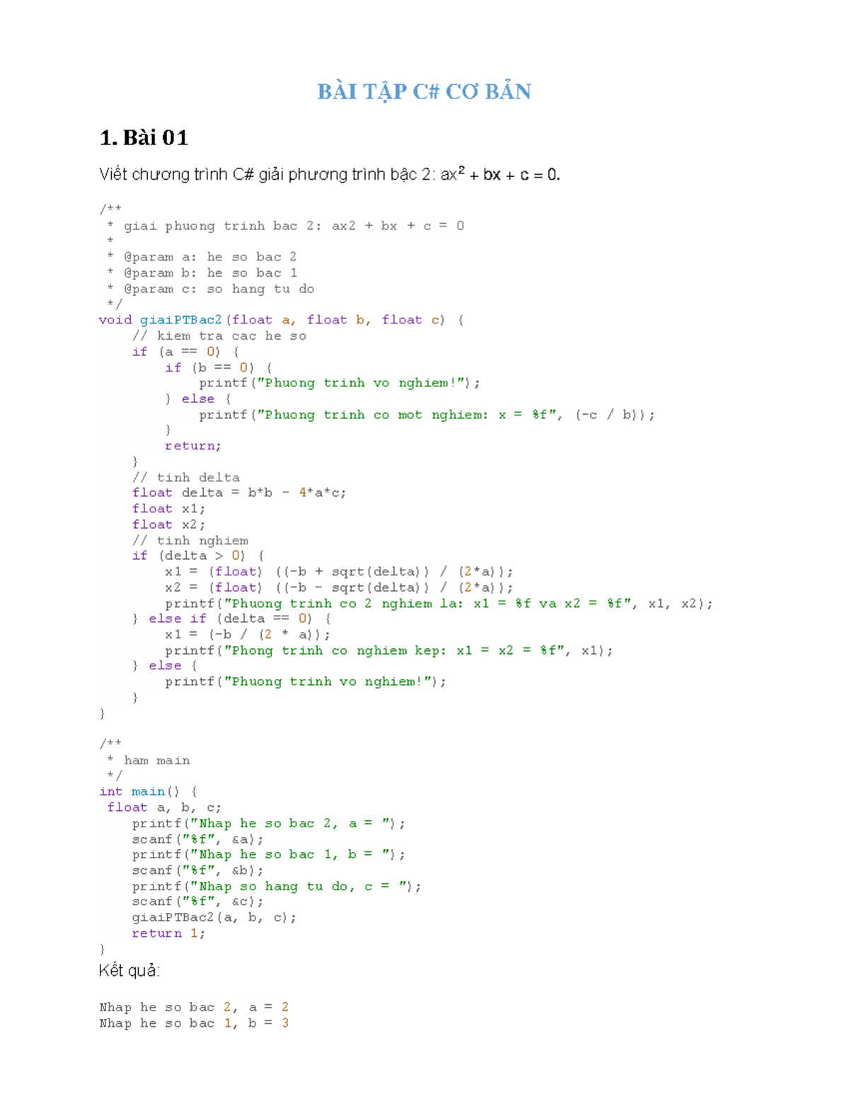 Bai tap c# co ban - ádsadsa - BÀI TẬP C# CƠ BẢN 1. Bài 01 Viết chương ...