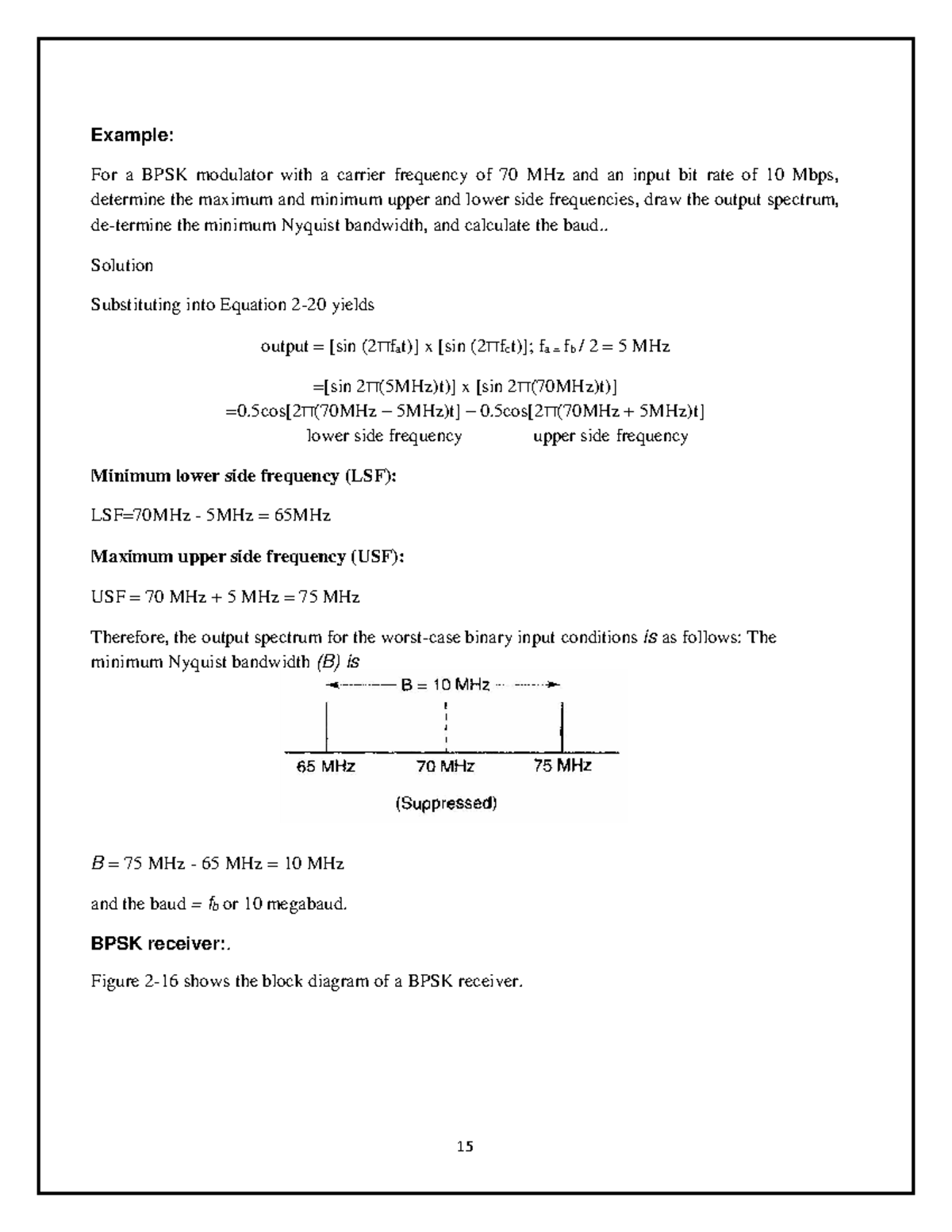 ELEC 367- Lecture 5 - Example: For a BPSK modulator with a carrier frequency of 70 MHz and an ...