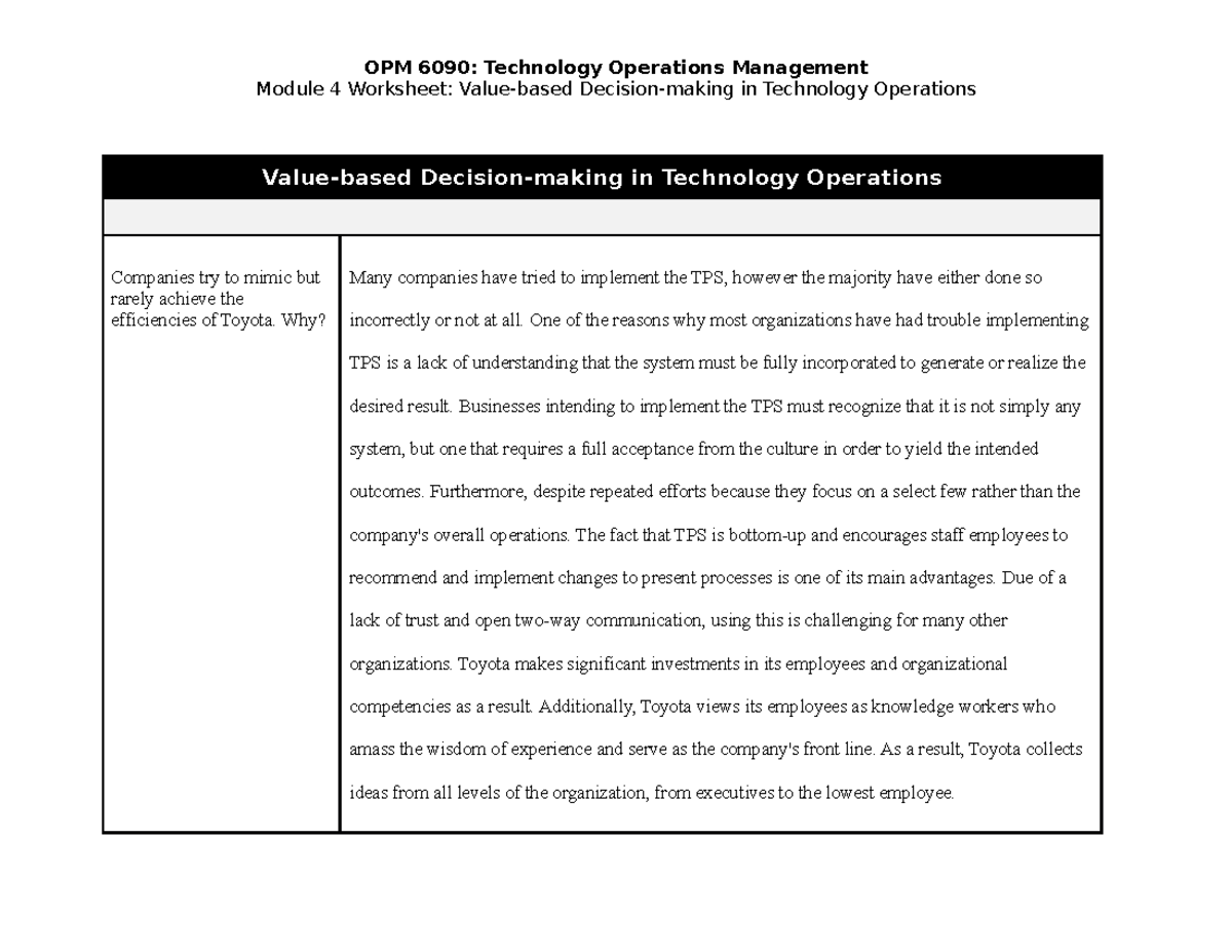 Julian OPM 6090 Module 4 - Module 4 Worksheet: Value-based Decision-making in Technology ...