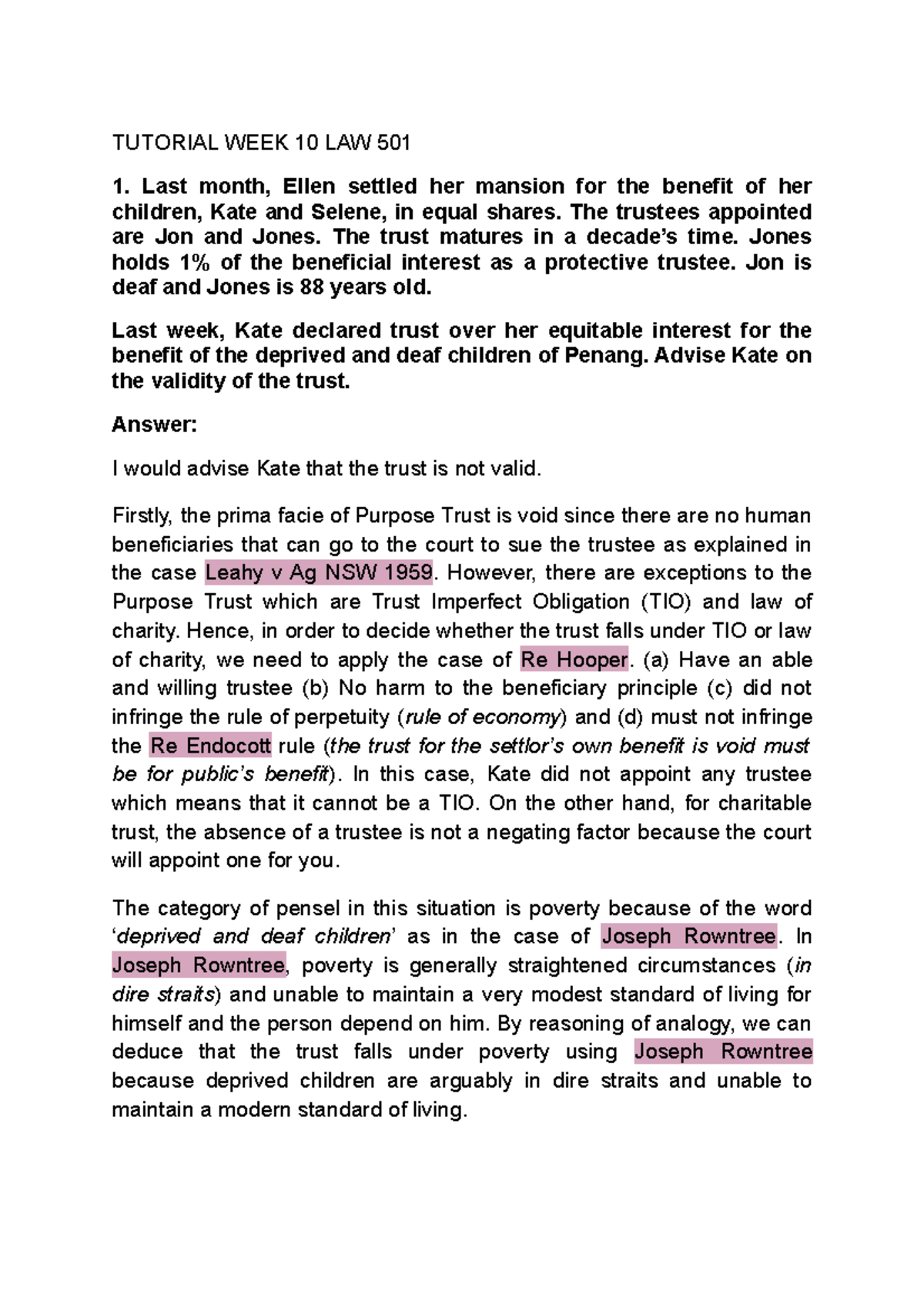 Tutorial Equity Week 11 [Charitable Trust] - TUTORIAL WEEK 10 LAW 501 ...