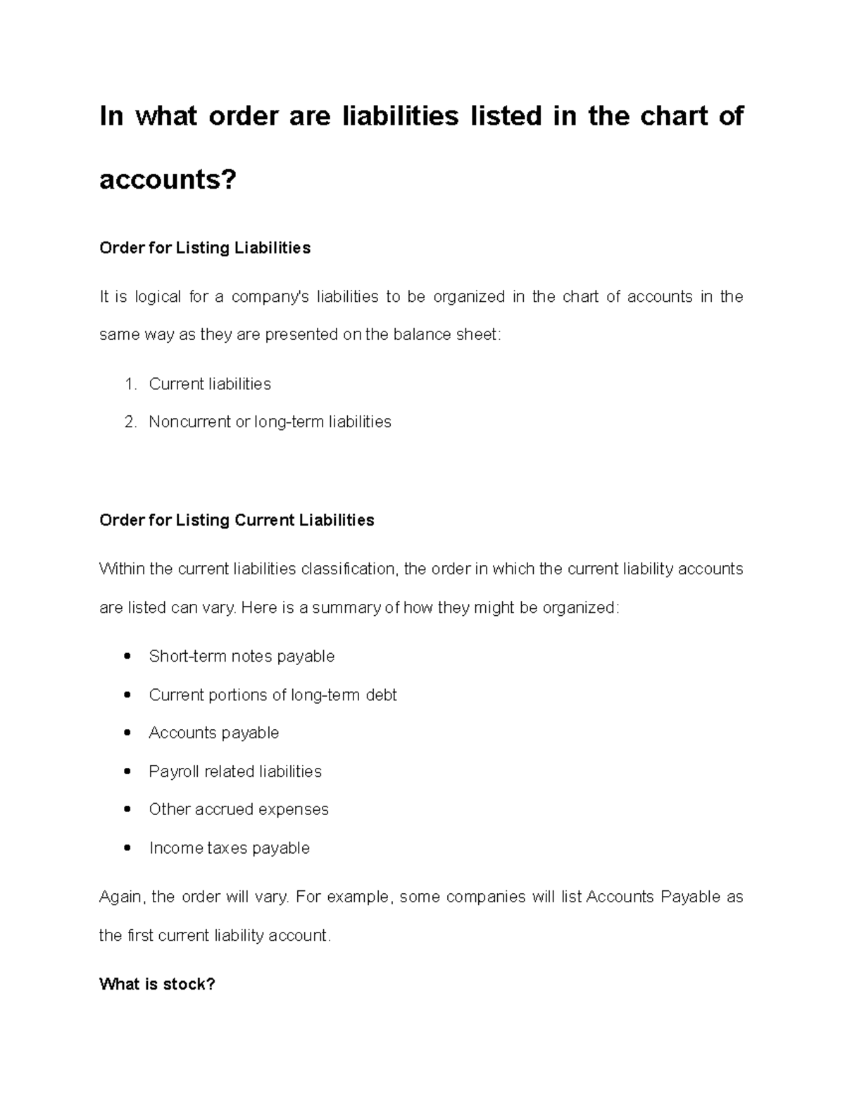 In what order are liabilities listed in the chart of accounts - Here is ...