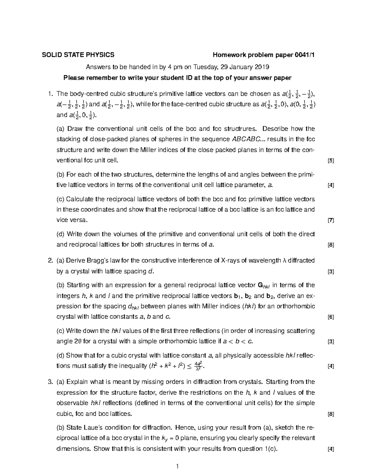 HW1 2019 - First homework of Solid State Physics of 2019. It has 5 questions about crystal - Studocu