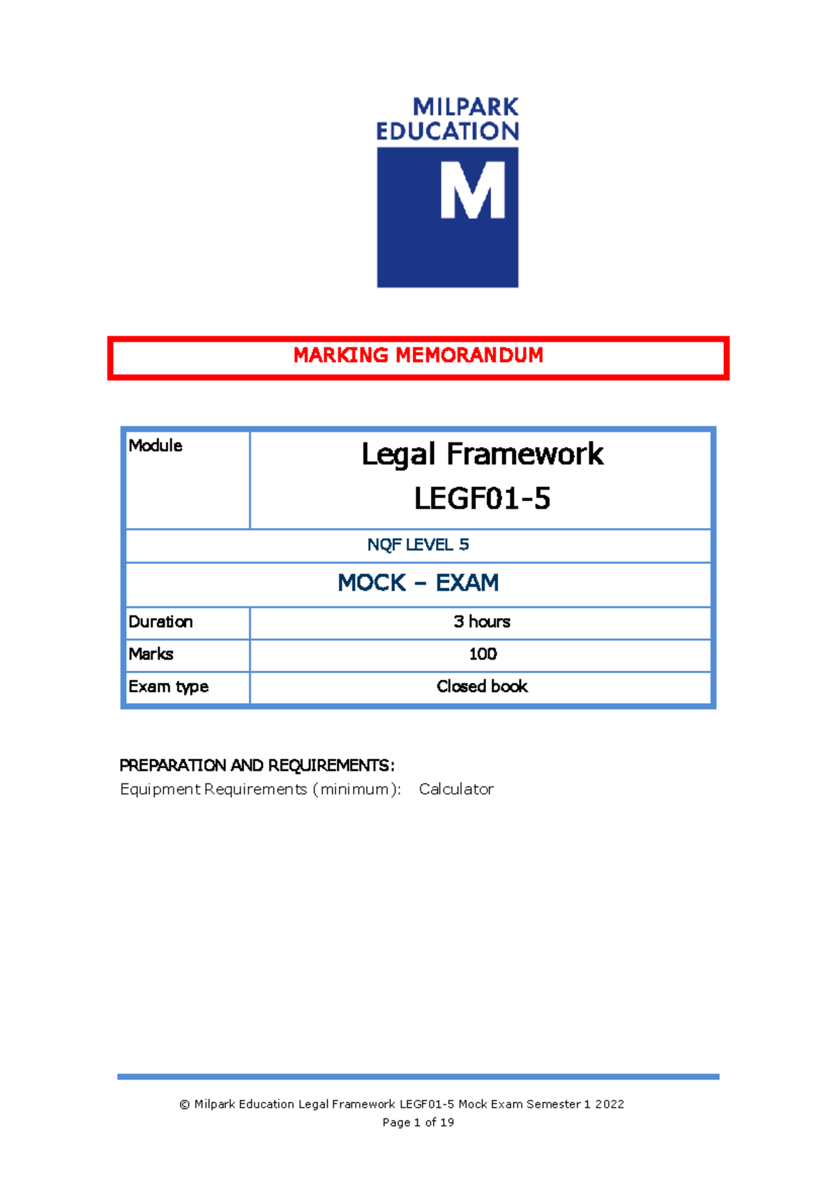 2022 Mock Exam LEGF01-5 Semester 1 2022_240425_201434.pdf - © Milpark Education Legal Framework ...