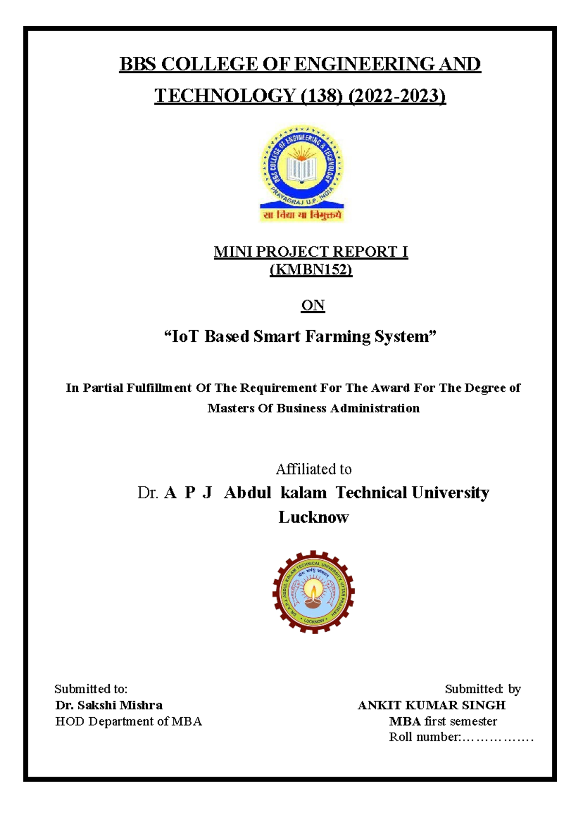 Mini project bbs - Masters of Business Administration - AKTU - Studocu