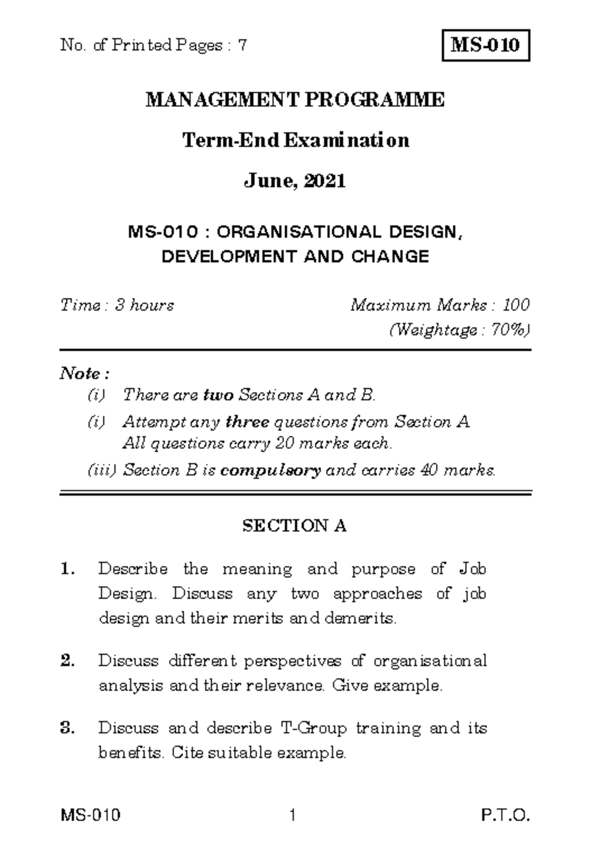 MS-10 - PRATICE PAPERS - MS-010 1 P.T. MANAGEMENT PROGRAMME Term-End ...
