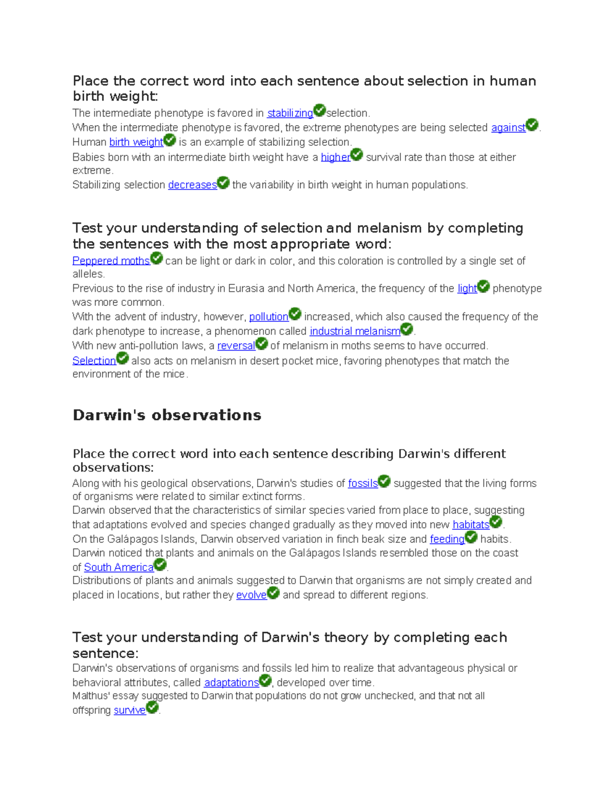 Homework chapter 14 Evolution and Natural Selection - Place the correct ...