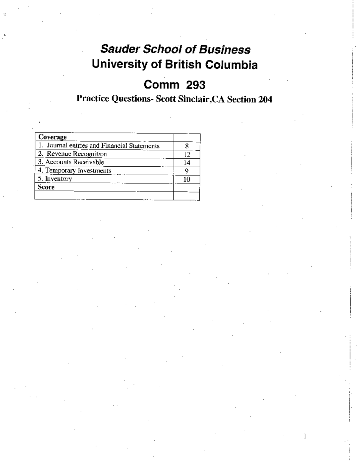 MIDTERM - Practice 2 - Sauder School of Easiness University of British Columbia Comm 293 ...