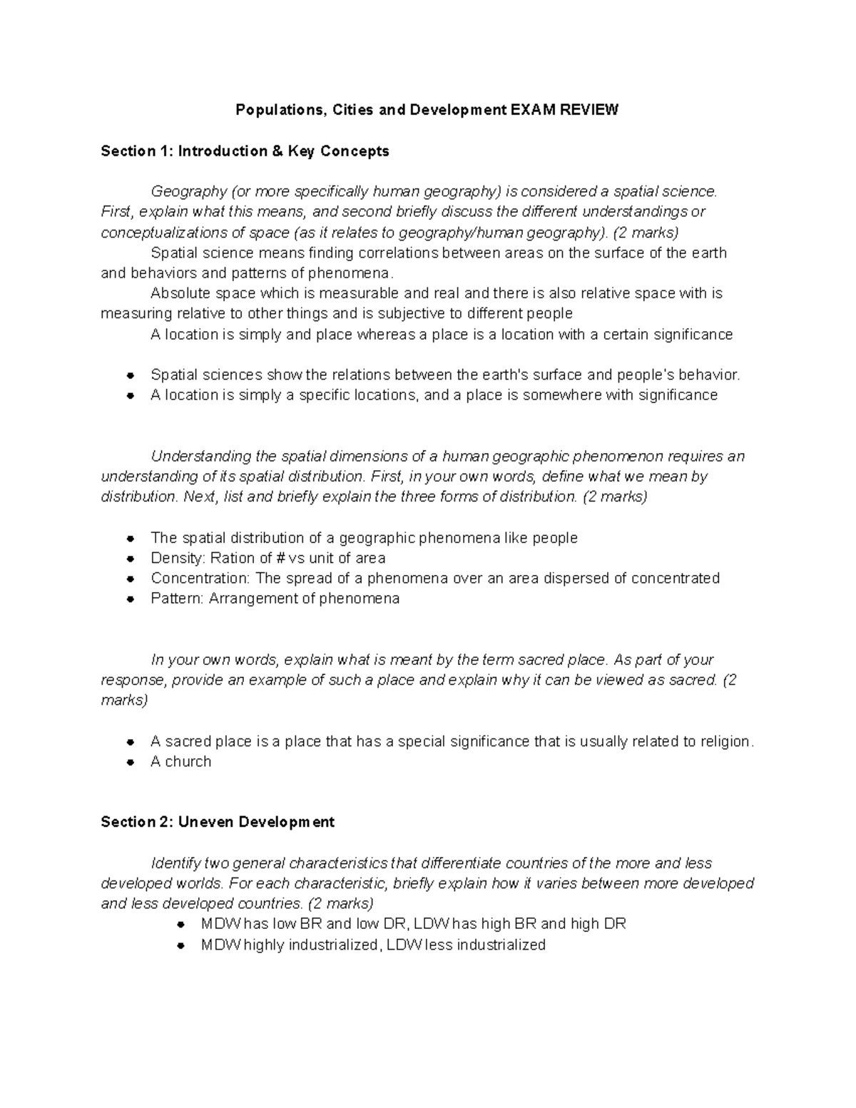 Envsocty 1HB3 - Final Exam Review - Populations, Cities and Development ...