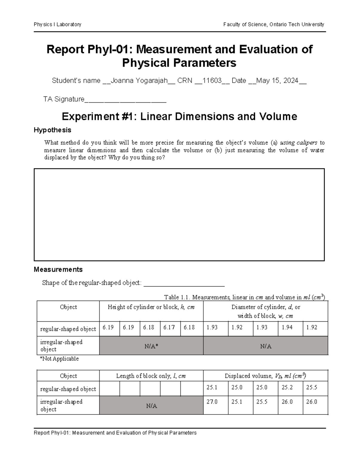 Measurements Report C - LAB - Report PhyI-01: Measurement and ...