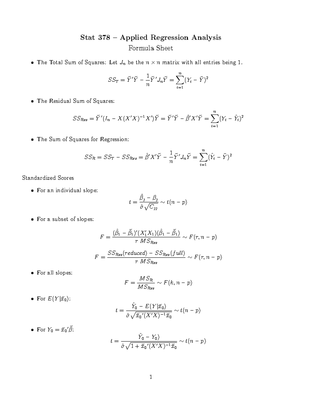 Stat 378 Applied Regression Analysis Formula Sheet Stat 378 Applied Regression Analysis
