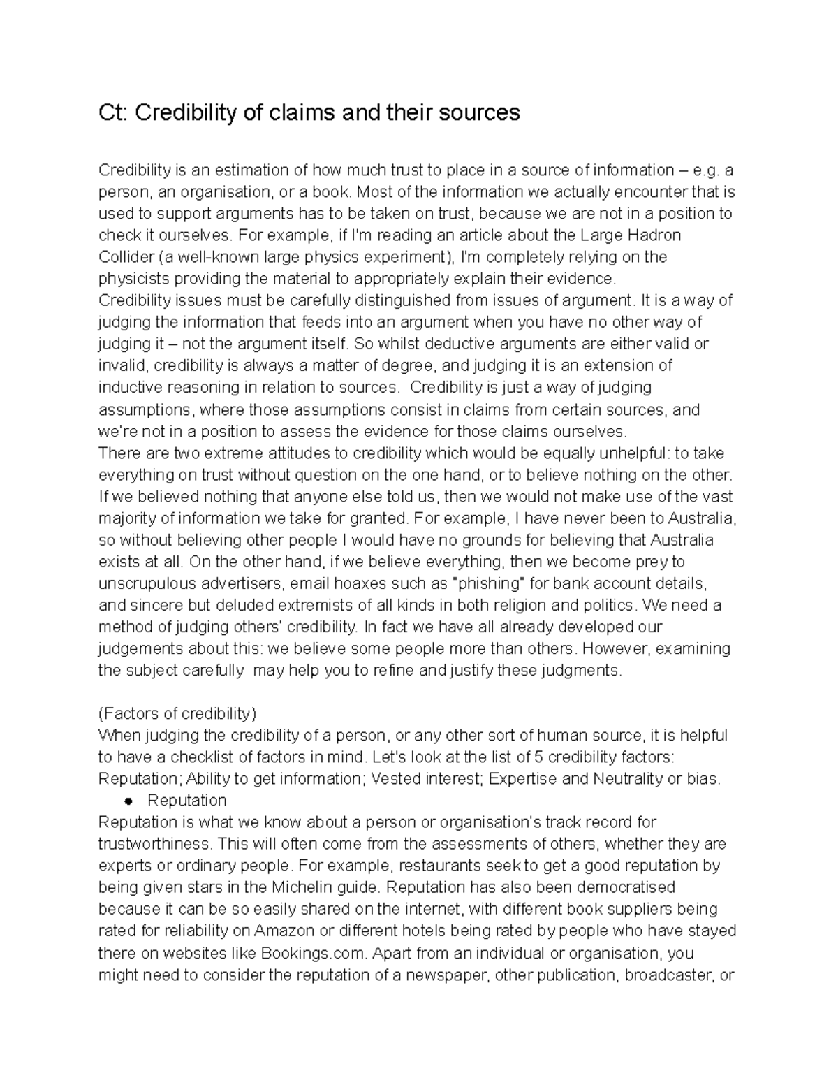 Ct Credibility - not required - Ct: Credibility of claims and their ...