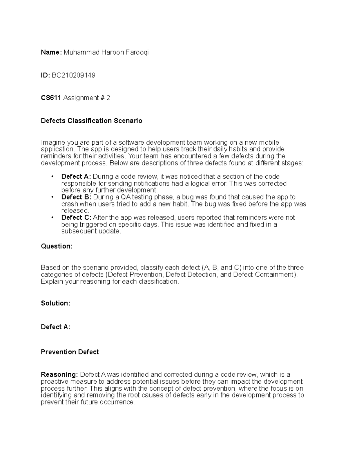 Cs611 Ass 2 Sol Assignment Name Muhammad Haroon Farooqi Id Bc Cs611 Assignment 2 Defects 2973