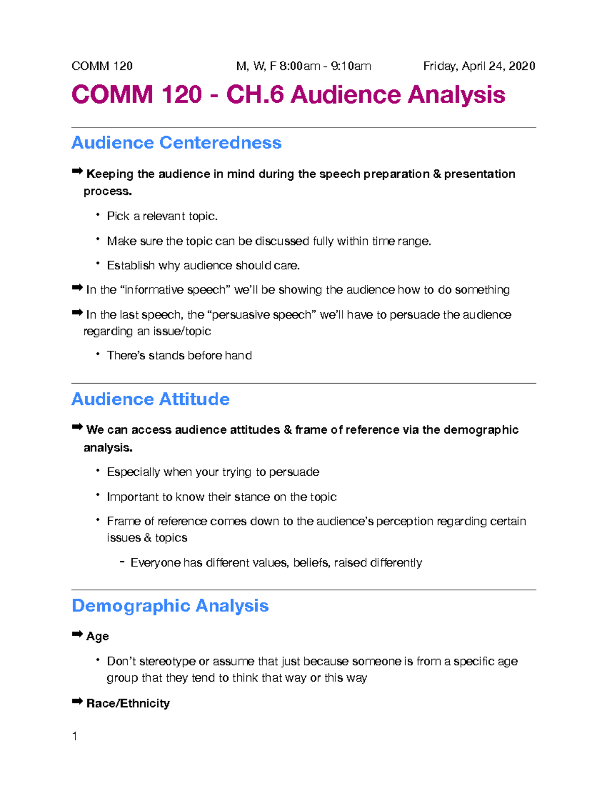 COMM 120 - CH.6 Lecture Notes - COMM 120 - CH Audience Analysis ...