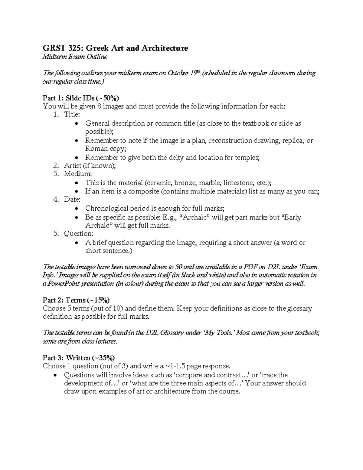 GRST 325 Example Midterm Outline - GRST 325: Greek Art and Architecture ...