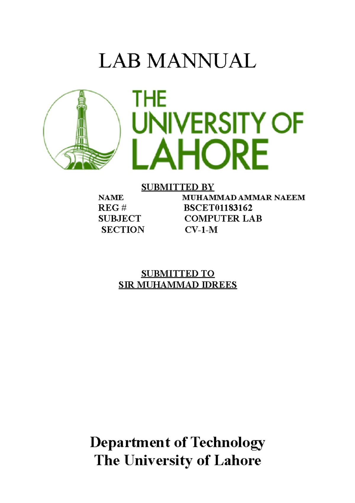 Computer Manual - LAB MANNUAL SUBMITTED BY NAME MUHAMMAD AMMAR NAEEM ...