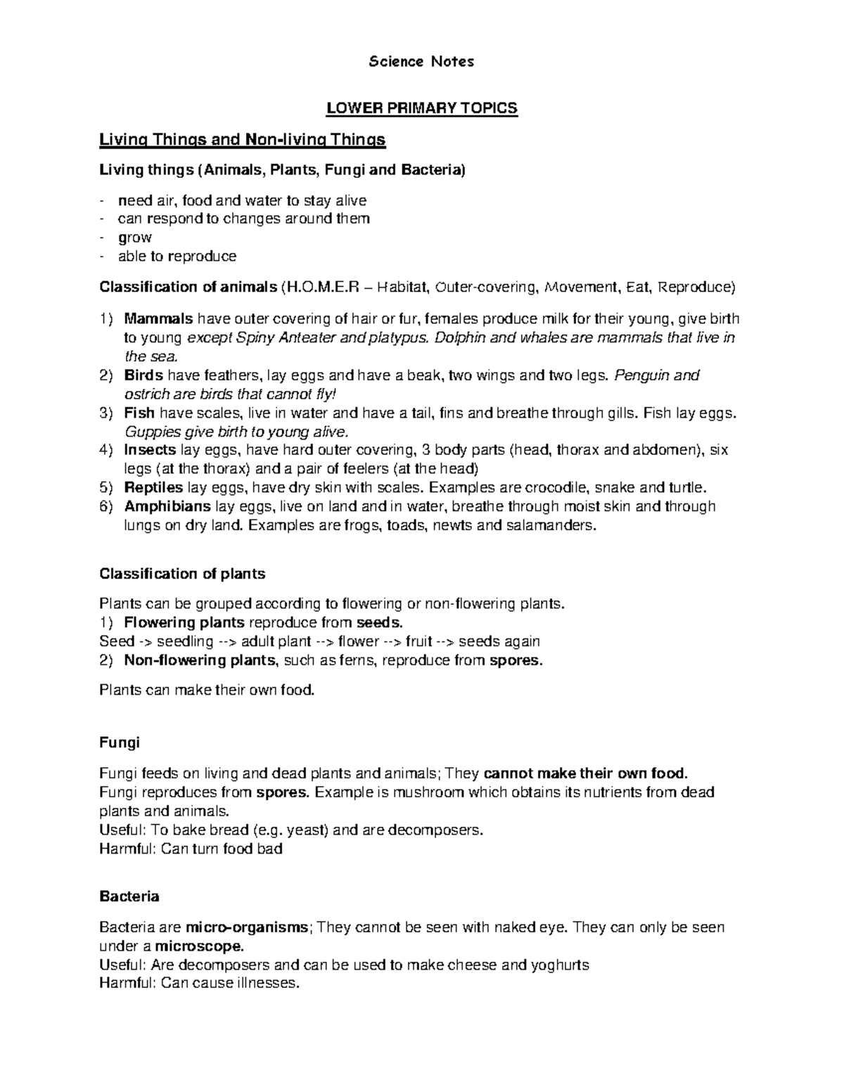 Science Notes Lower Primary Topics - LOWER PRIMARY TOPICS Living Things ...