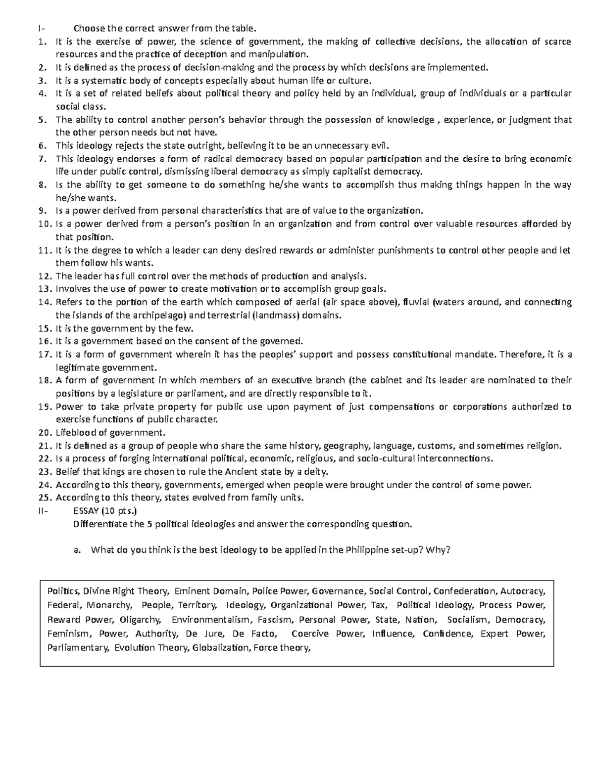 TEST 1 PPG - TEST ITEM - I- Choose the correct answer from the table ...