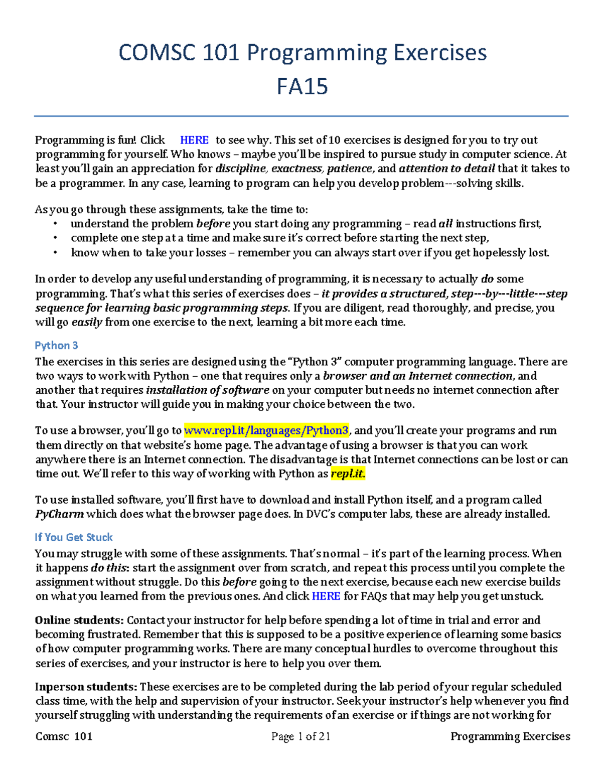 Comsc 101Programming Assignments - COMSC 101 Programming Exercises FA Programming is fun! Click ...