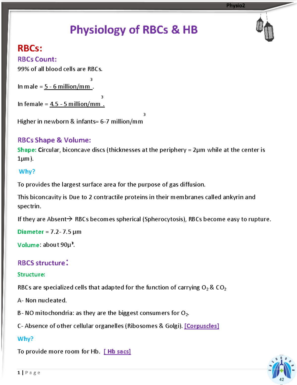 Physio 2pdf - Physiology of RBCs & HB RBCs: RBCs Count: 99% of all ...