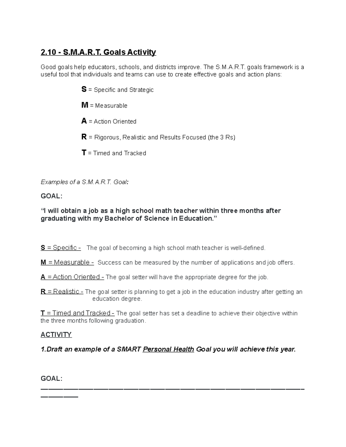 Goals assignment - careers - 2 - S.M.A.R. Goals Activity Good goals ...