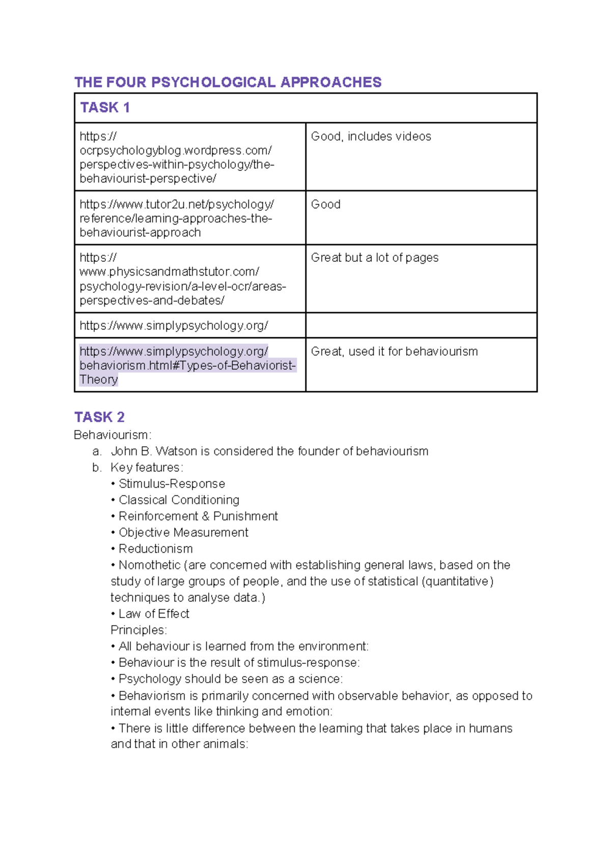 THE FOUR Approaches - THE FOUR PSYCHOLOGICAL APPROACHES TASK 1 https ...