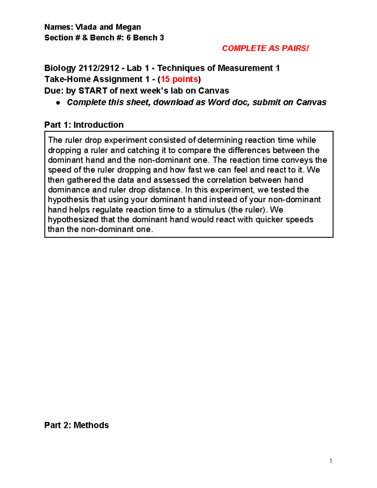 Bio 2112 lab Assignment 1 - Ruler Drop Experiment-1 - Section # & Bench ...