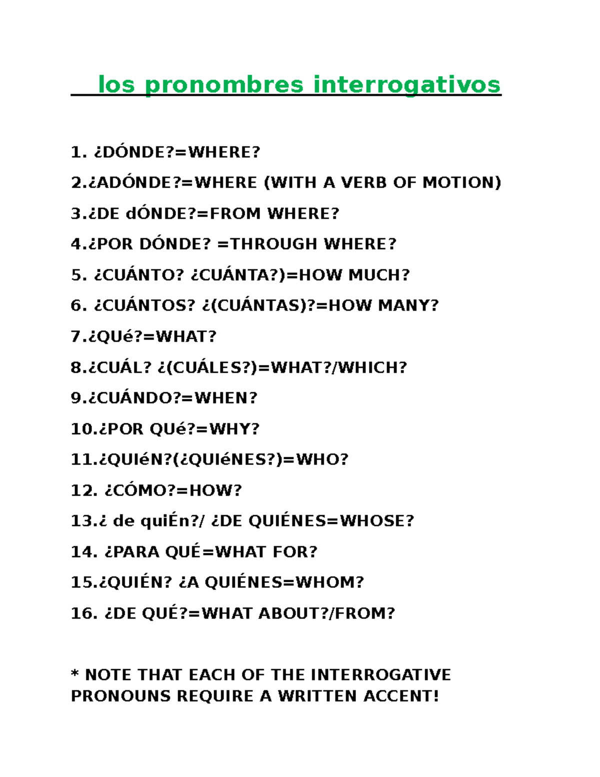 Interrogative Pronouns IN Spanish 1 - los pronombres interrogativos 1 ...