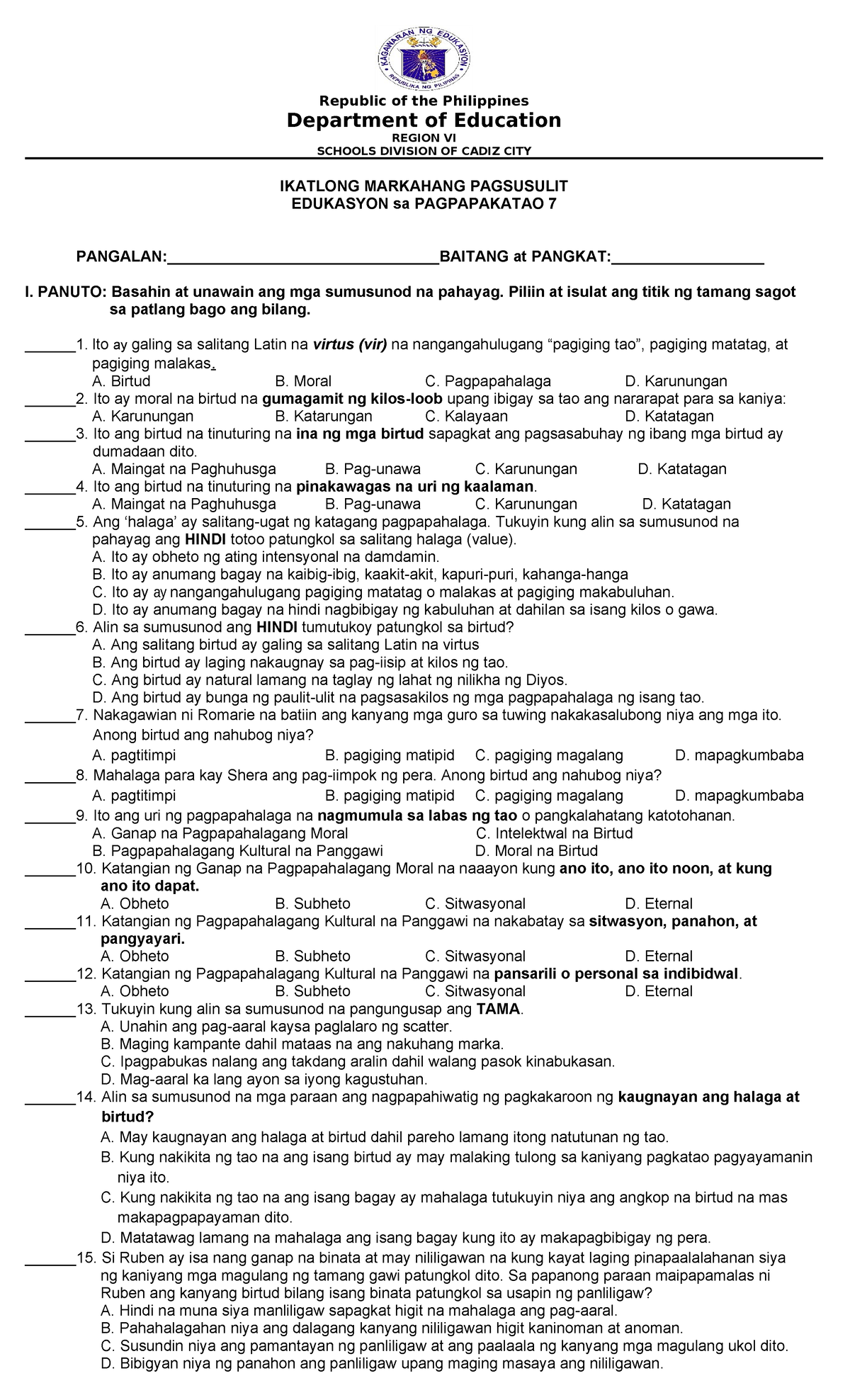 Sample Questions - Republic of the Philippines Department of Education ...
