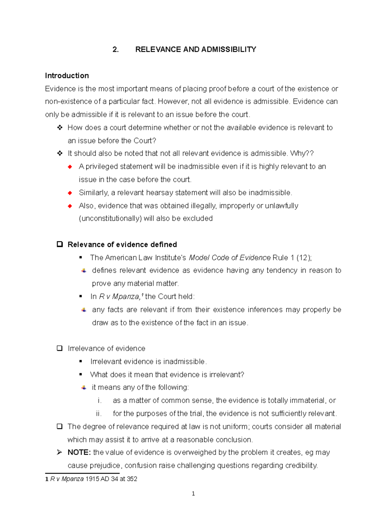 Relevance & Admissibility - Law of Evidence - civil procedure (superior ...