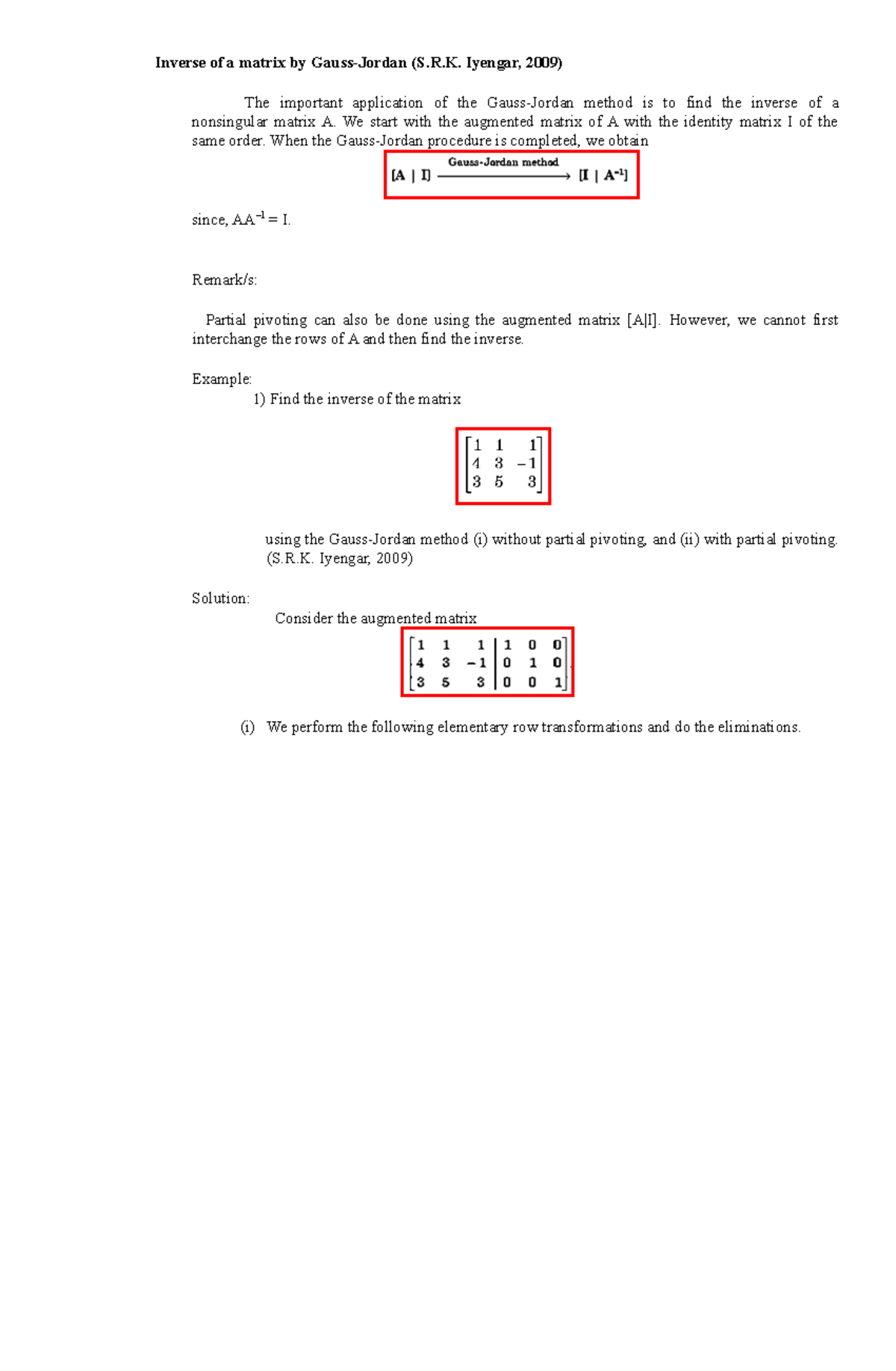 Inverse of a matrix by Gauss-Jordan (S.R.K. Iyengar, 2009 ) - Inverse ...