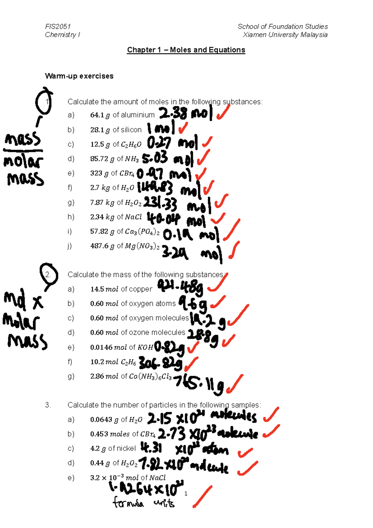 Tutorial 1 Moles Equations Gas Laws Chemistry I Xiamen University