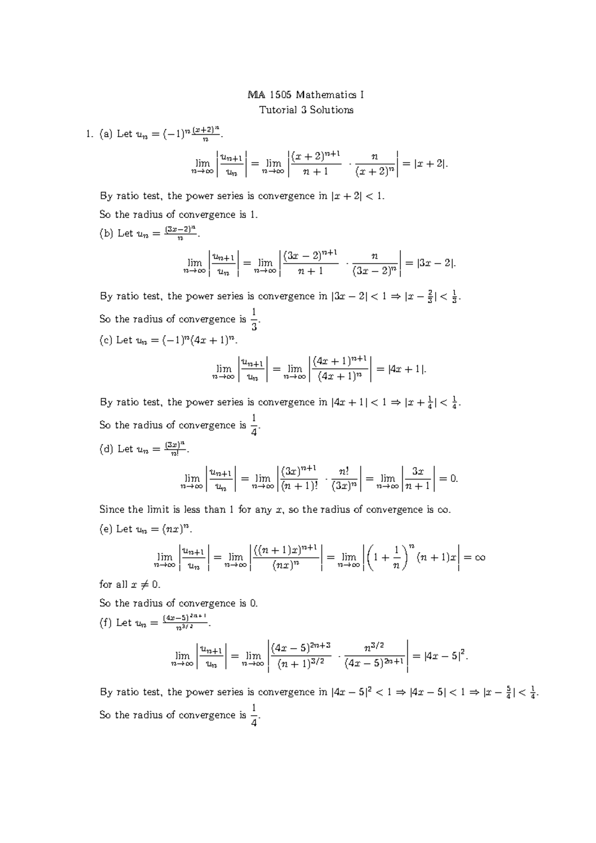 Solution 3 - Questions and answers - MA 1505 Mathematics I Tutorial 3 ...