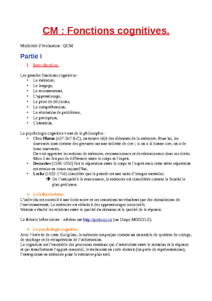 Fonction Cognitive - Séance 1 : 13/01/ PSYCHOLOGIE COGNITIVE Fonctions ...