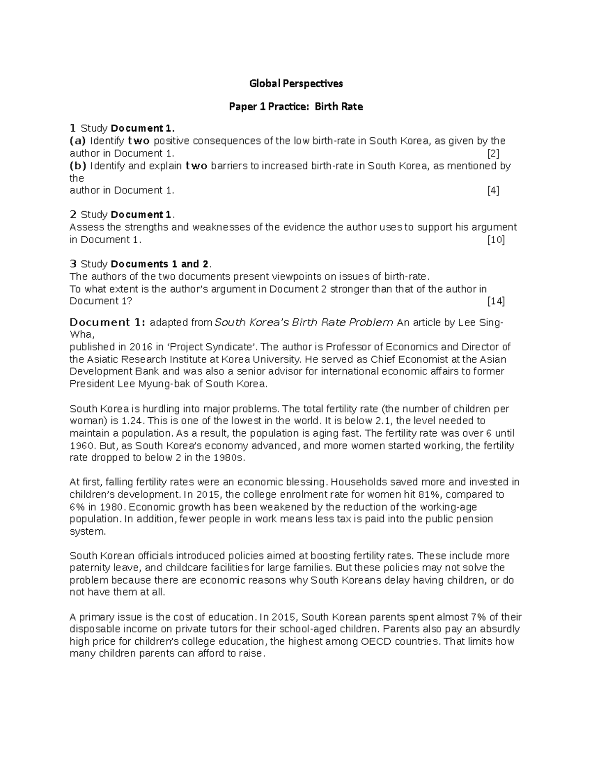 Annotations on paper 1 on birth rate - Global Perspectives Paper 1 ...