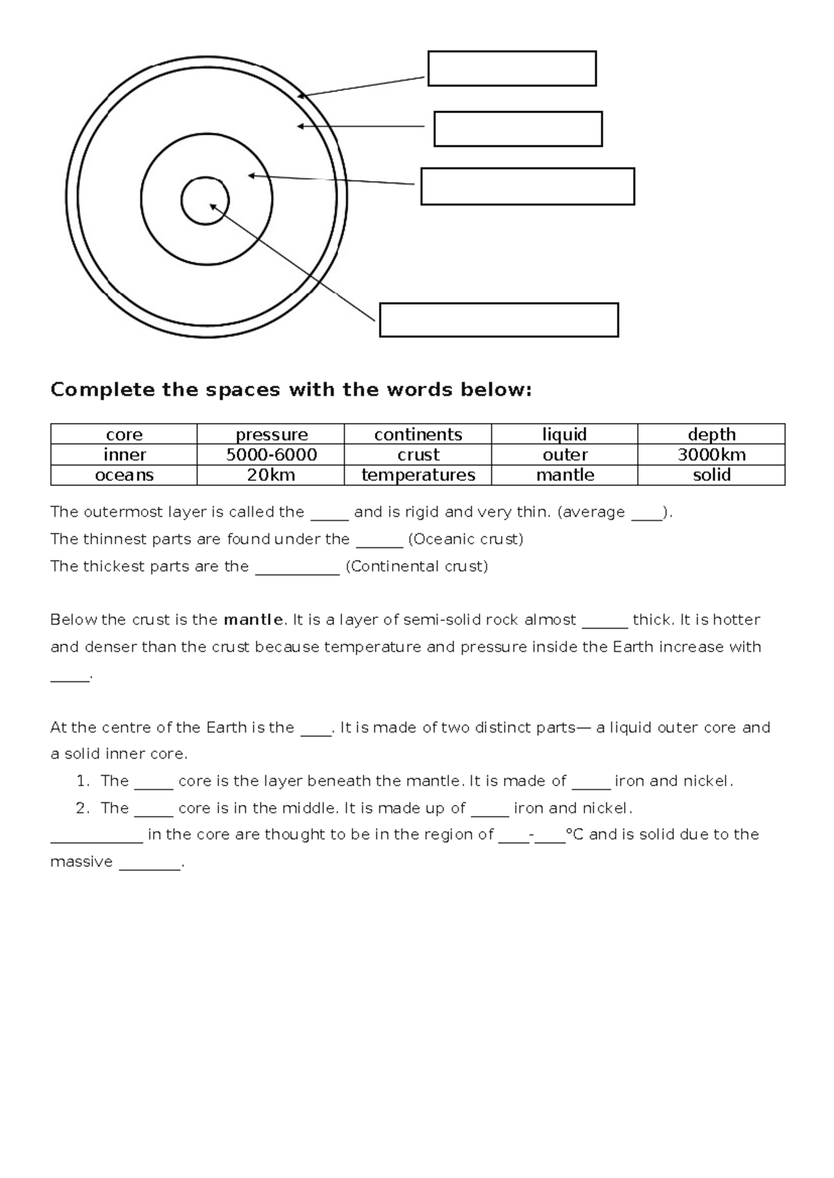 Structure or the Earth Worksheet - Complete the spaces with the words ...