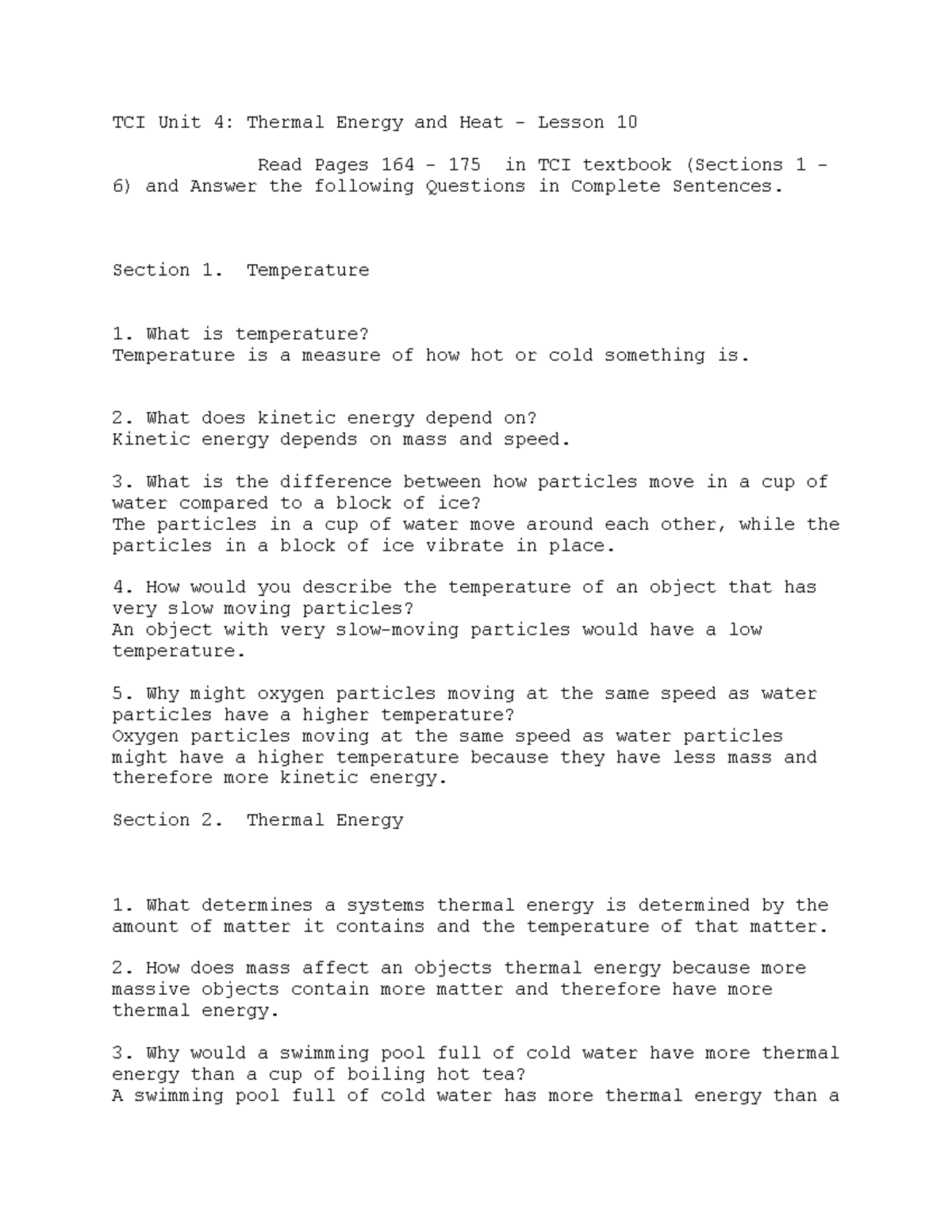 Document - Answer key - TCI Unit 4: Thermal Energy and Heat - Lesson 10 ...