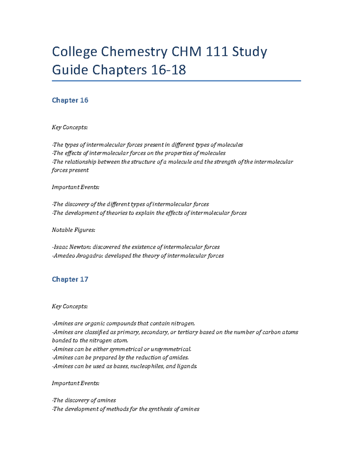 College Chemestry CHM 111 Study Guide Chapters 16-18 - College ...