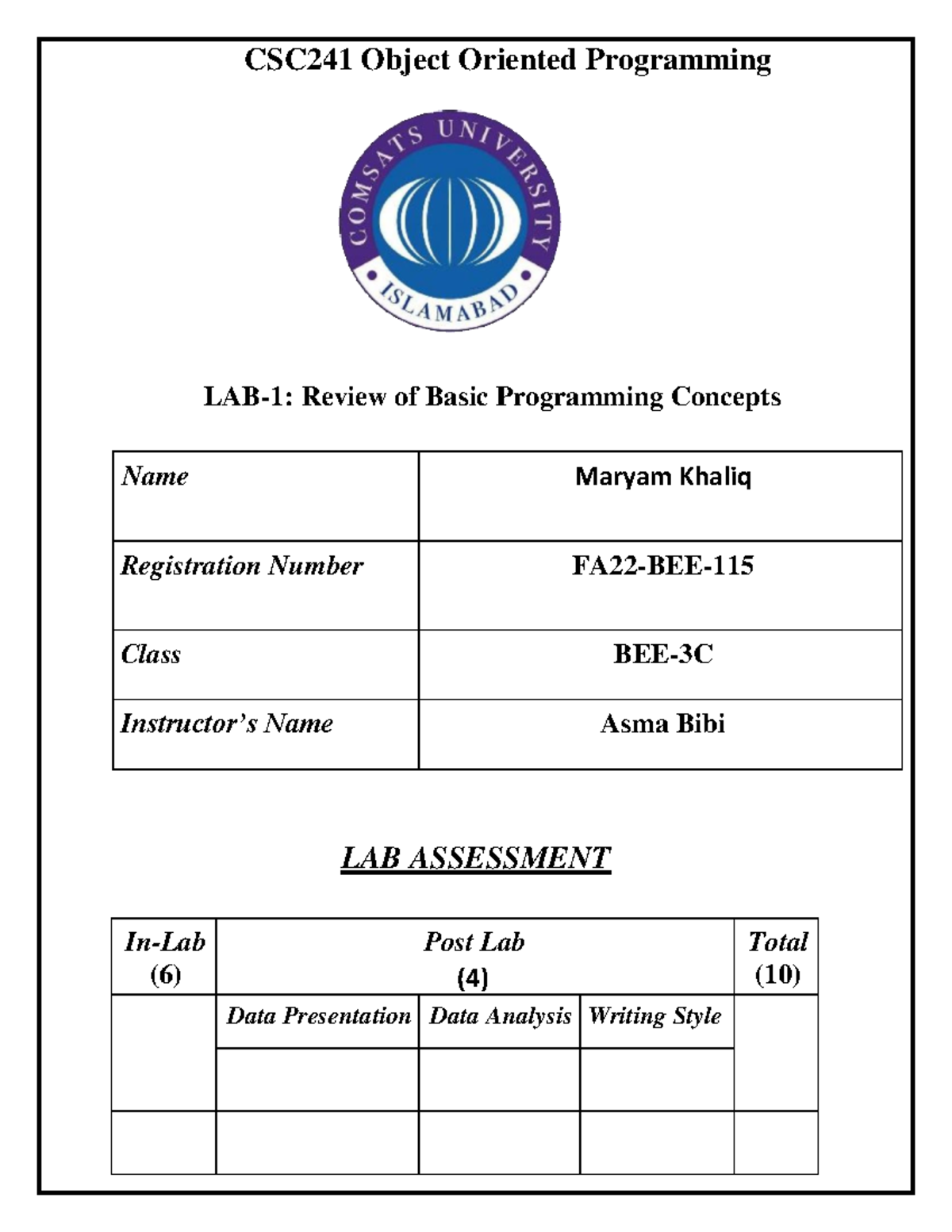 Oop Lab 1 Oop Lab 1 Csc241 Object Oriented Programming Lab 1 9360