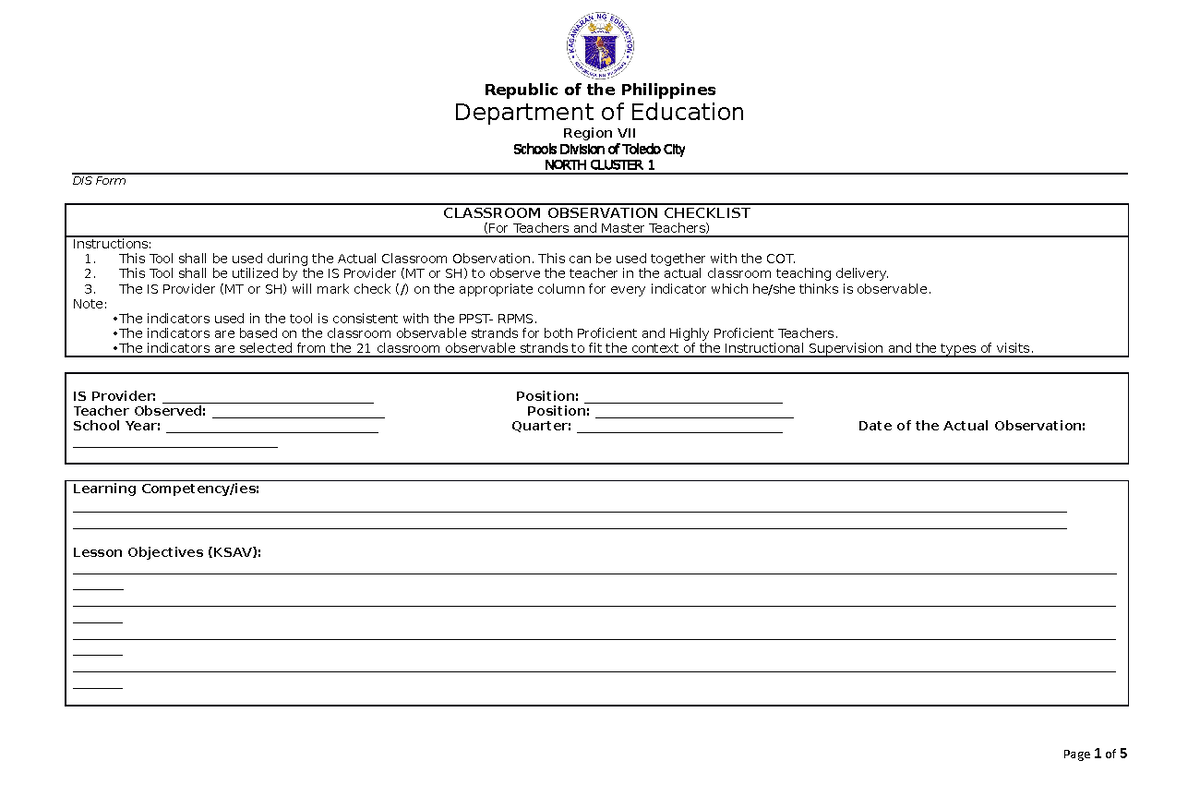 2023 DIS Form 4 Contextualized Classroom Observation Checklist T MT ...