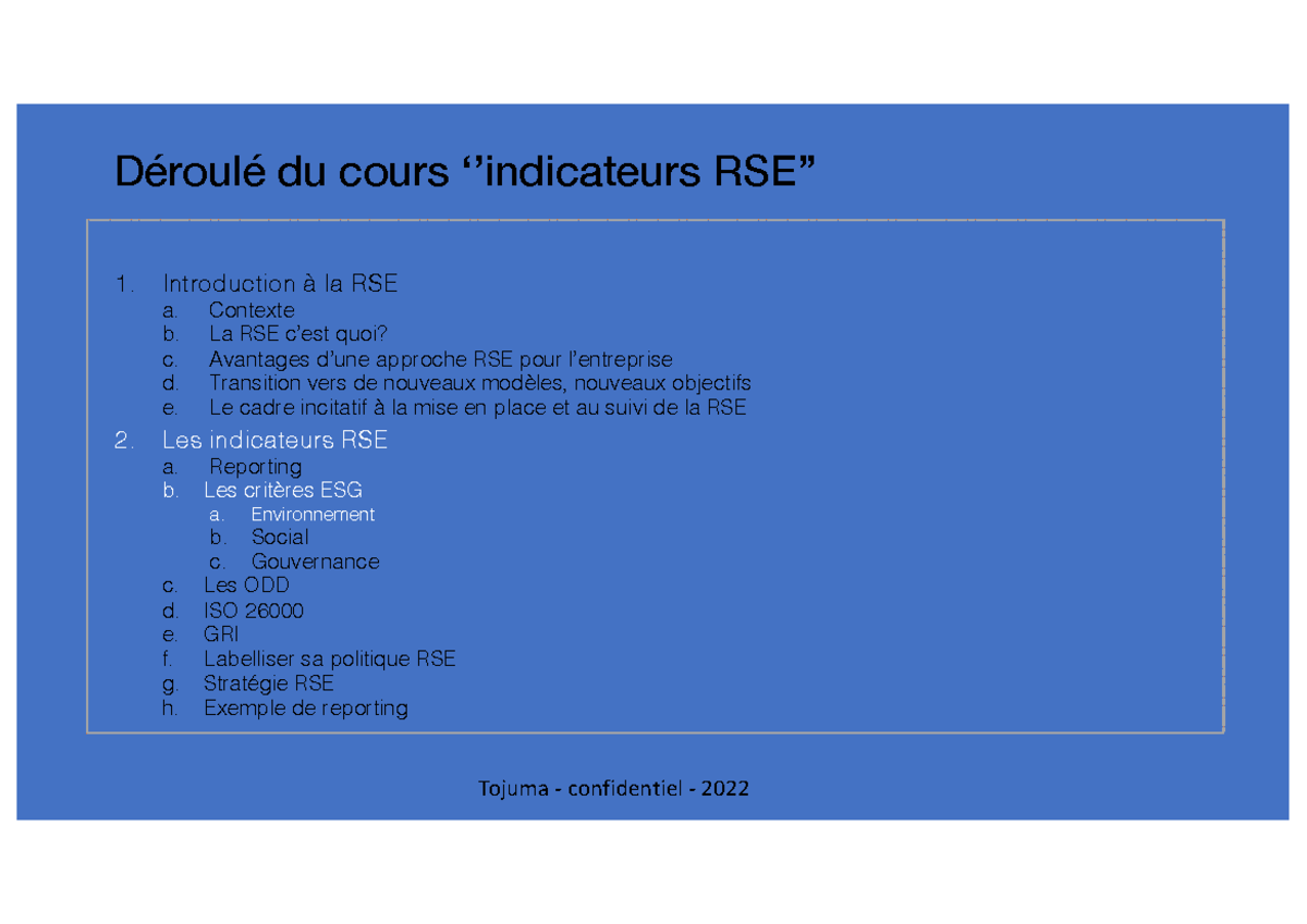 Cours 3 RSE indicateurs de suivi - Déroulé du cours ‘’indicateurs RSE ...