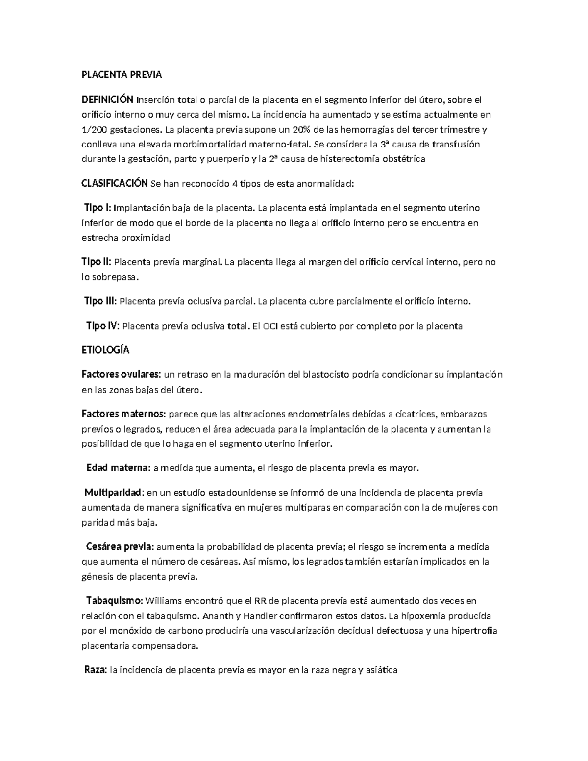 PP Y DPP Luisennys - Resumen Ginecología y Obstetricia - PLACENTA PREVIA DEFINICIÓN Inserción ...