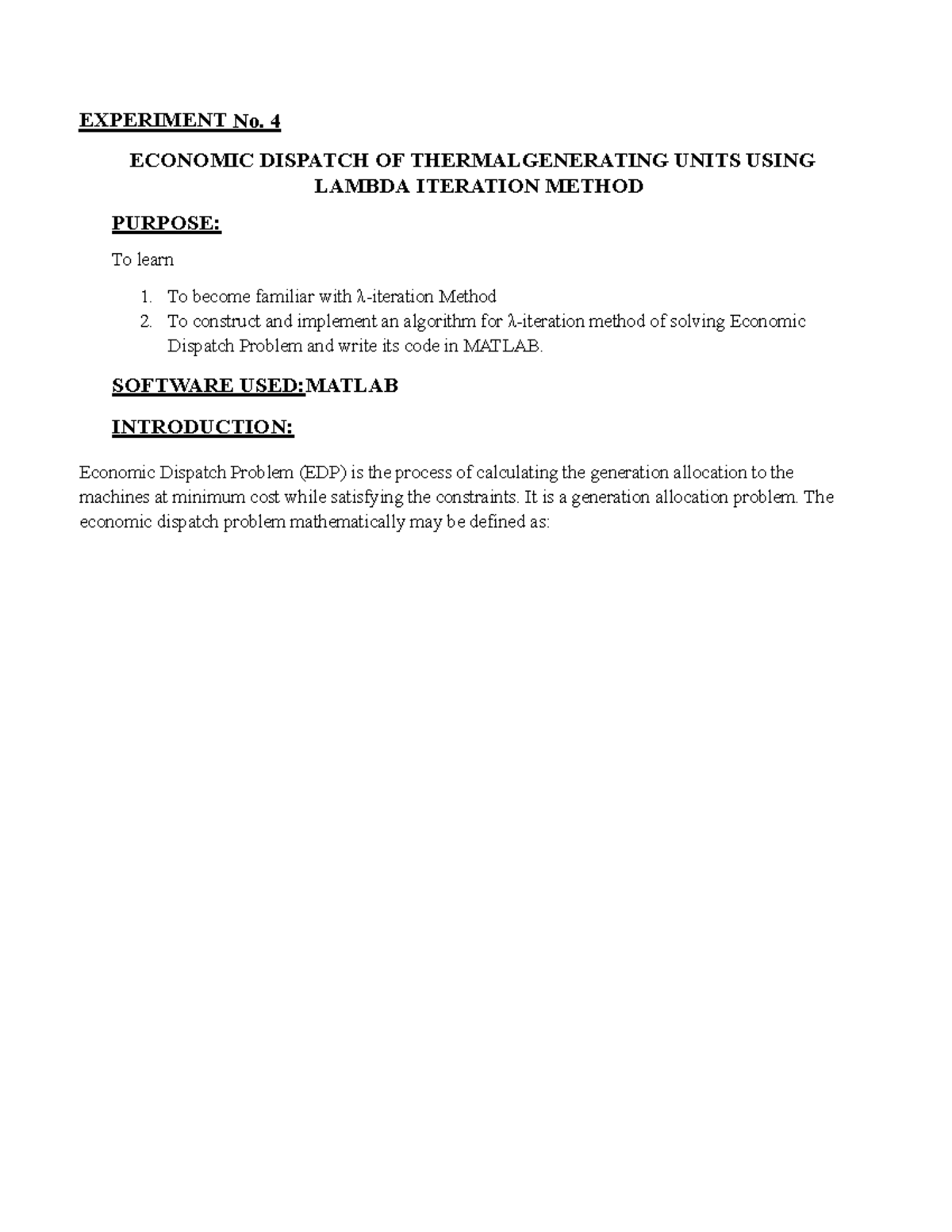 Experiment No 4 - report on power system - EXPERIMENT No. 4 ECONOMIC ...