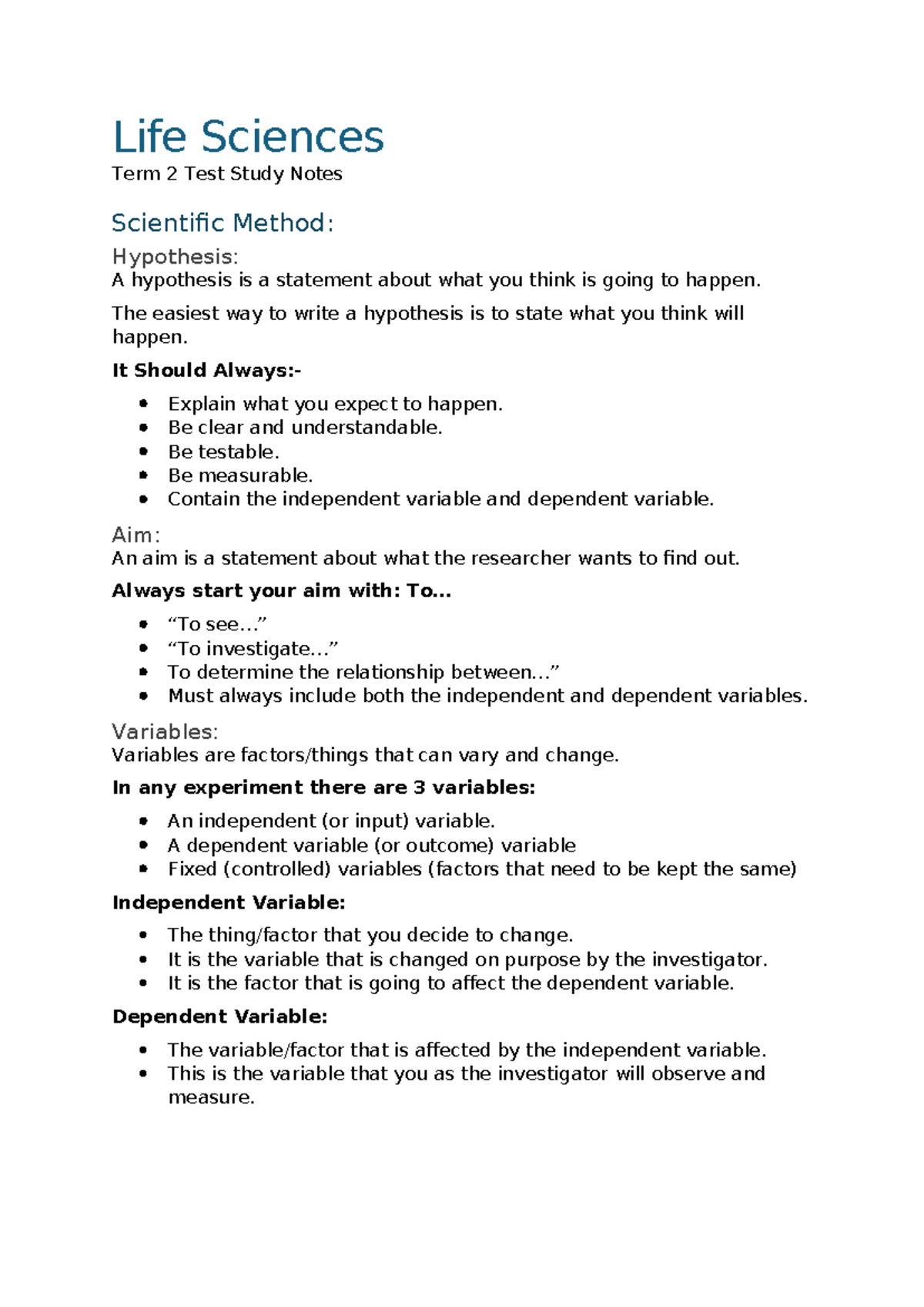 Life Sciences Term 2 Test Study Notes - Life Sciences Term 2 Test Study ...